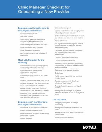 Clinic Manager Checklist for Onboarding a New Provider